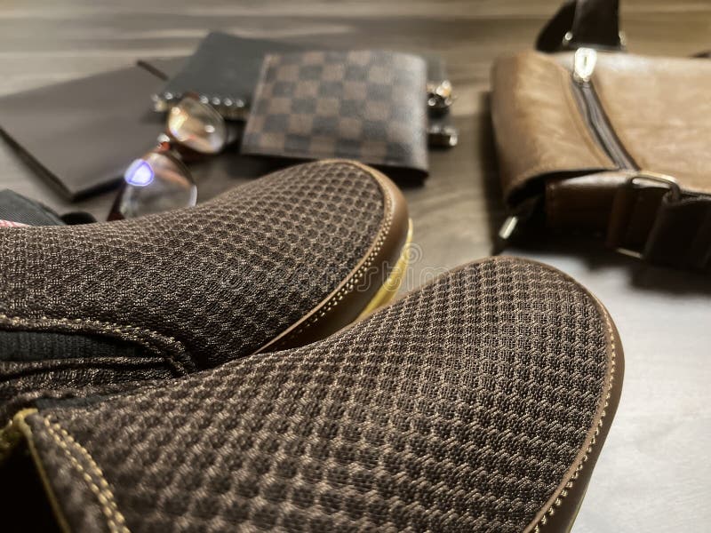 Leather Bag with Gadgets and Notebooks on Wooden Work Desk Stock Image ...