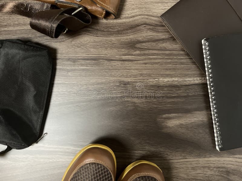 Leather Bag with Gadgets and Notebooks on Wooden Work Desk Stock Image ...