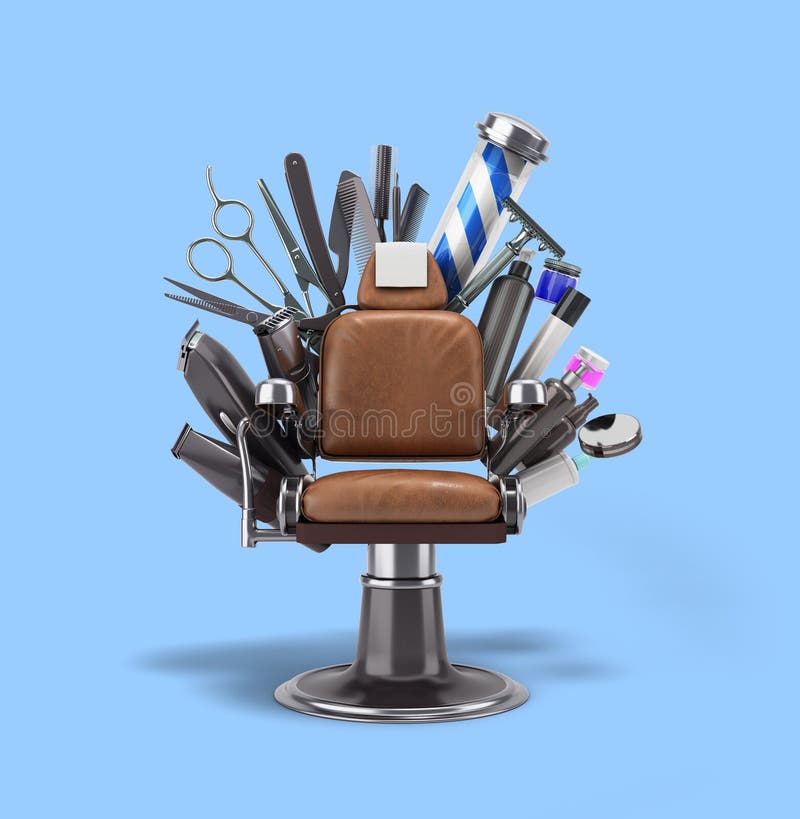 Leather Barber Chair with Accessories and Tools Front View 3d Render on ...