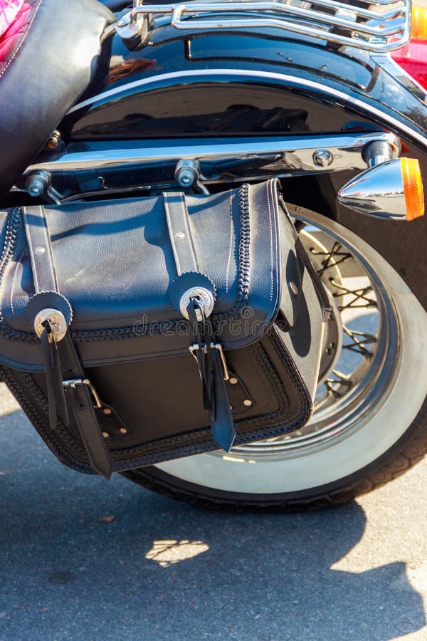 Leather Biker Bag on Motorcycle Close-up. Concept Travel on a ...