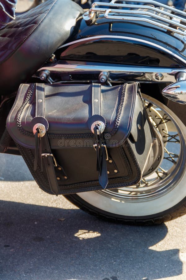Leather Biker Bag on Motorcycle Close-up. Concept Travel on a ...