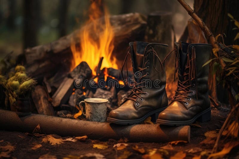 Leather Boots beside a Campfire in the Forest Stock Illustration ...
