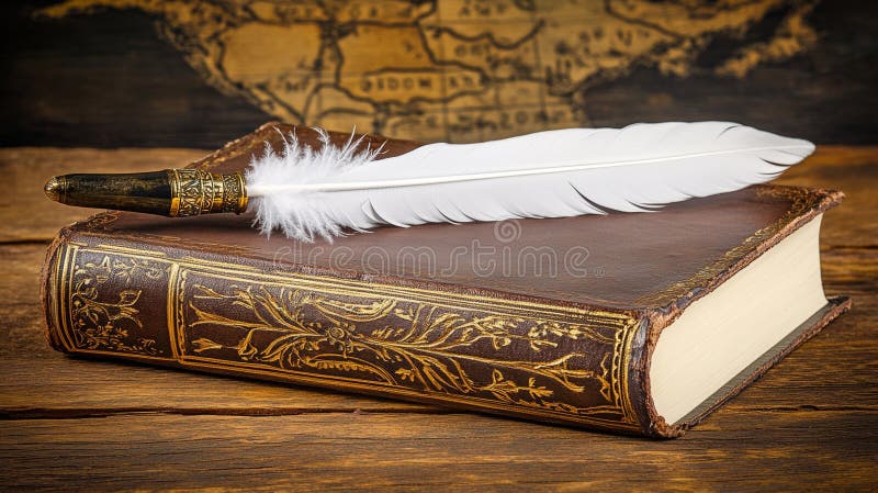 A Leather-bound Book of Vintage Style, Paired with a Quill, on a ...