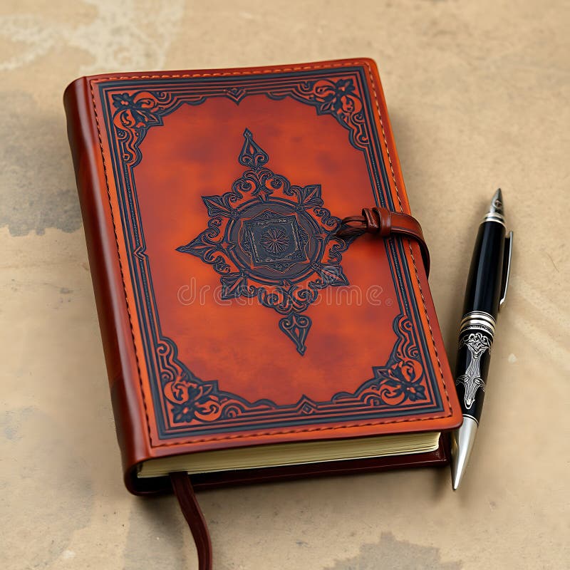 A Leather Bound Journal with an Ornate Cover and a Fountain Pen beside ...