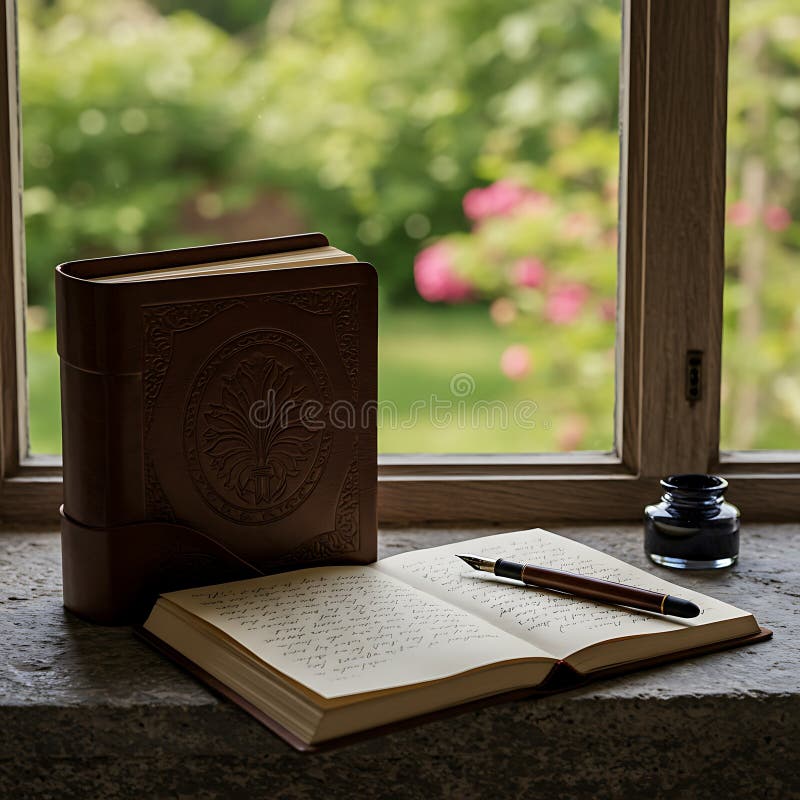 Leather-Bound Journal and Quill Pen Resting by a Window with a Garden ...