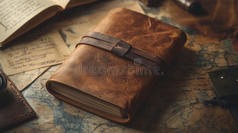 A Vintage Leather Journal Lies on a Weathered Map Surrounded by Antique ...