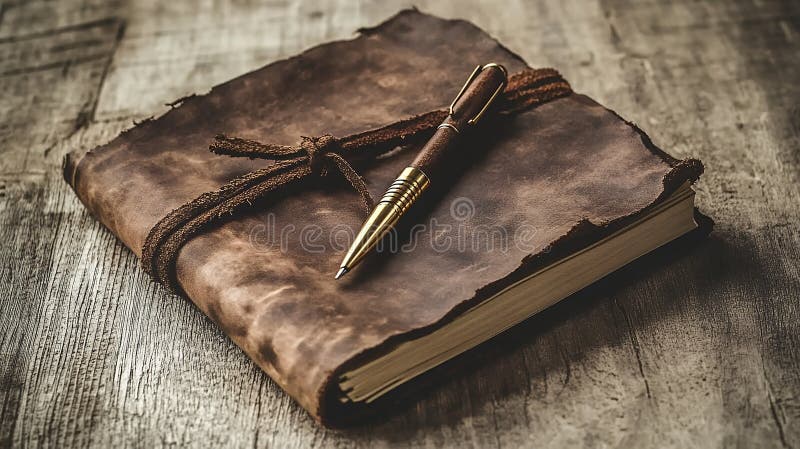 A Leather Bound Journal with String and a Pen Resting on a Wooden ...
