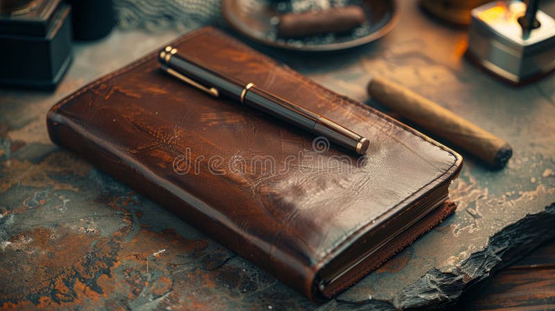 Leather Bound Notebook Pen Cigar Rustic Desk Stock Photos - Free ...