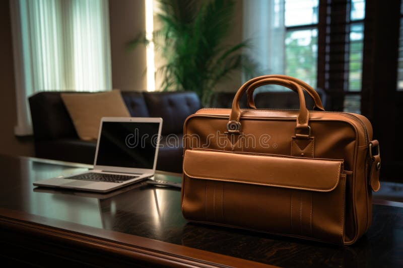 A Leather Briefcase Next To a Laptop on a Hotel Desk Stock Image ...