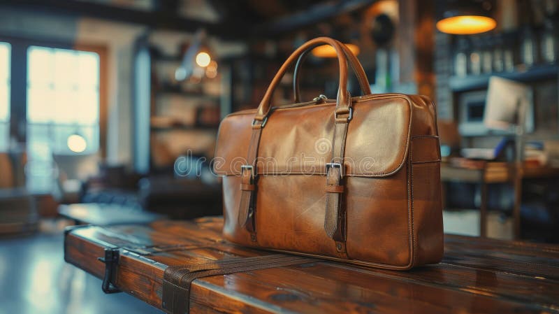 A Leather Briefcase on a Table Stock Photo - Image of business, goods ...