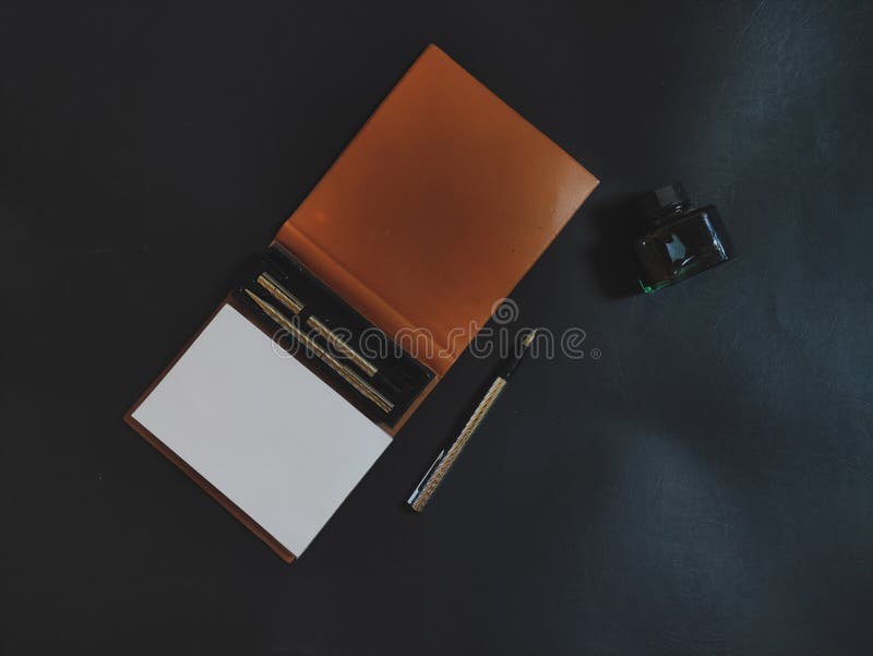 Leather Brown Note with Pen and Inkwell Editorial Image - Image of ...