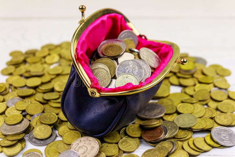 Leather Change Purse with Coins on White Wooden Background Stock Photo ...