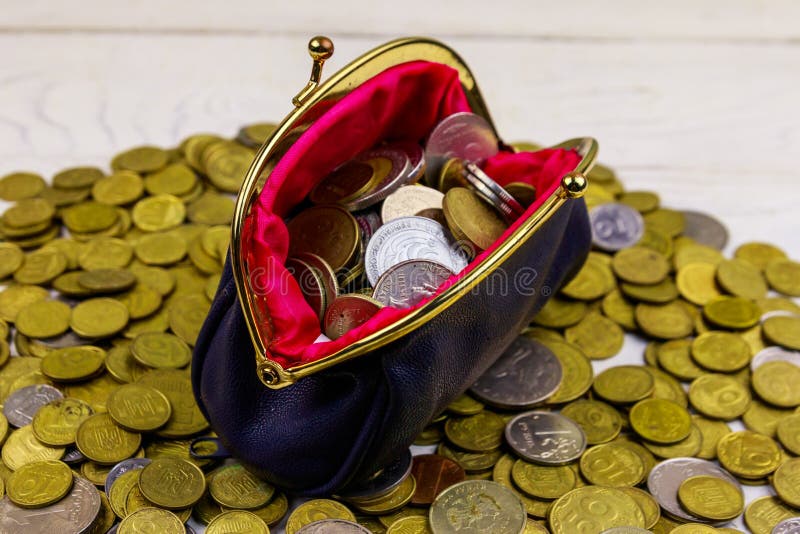 Leather Change Purse with Coins on White Wooden Background Stock Image ...