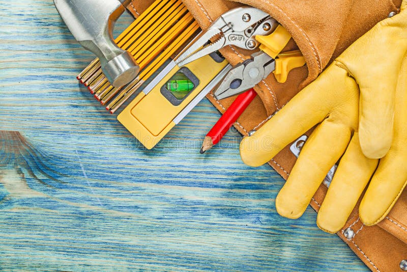 Leather Construction Belt with Working Tools on Wooden Board Mai Stock ...