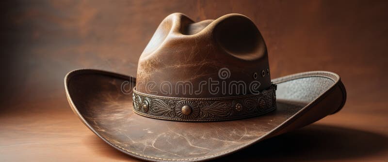 Leather Cowboy Hat with Decorative Band Sitting on Brown Background ...