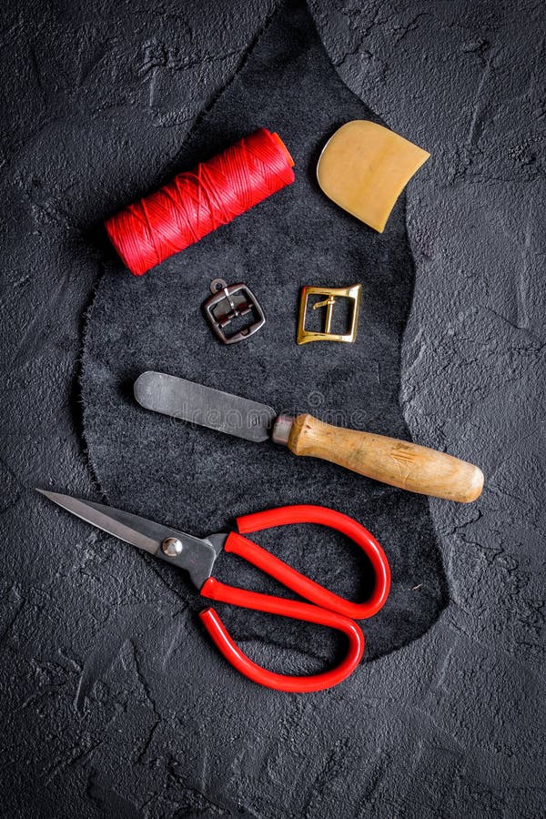 Leather Craft Instruments on Dark Background Top View Mock Up Stock ...