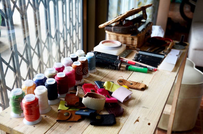 Leather Craft Tools for Handmade Key Ring and Small Bag Stock Image ...