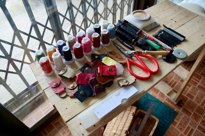 Leather Craft Tools for Handmade Key Ring and Small Bag Stock Image ...