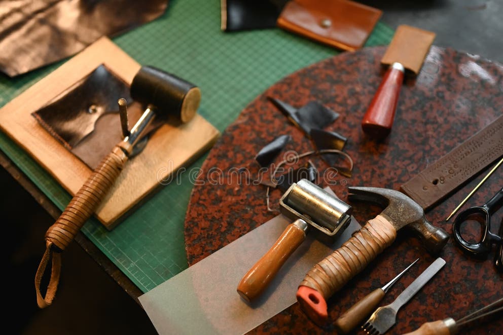 Leather Craft Work Tools on the Workbench. Small Business and Handmade ...
