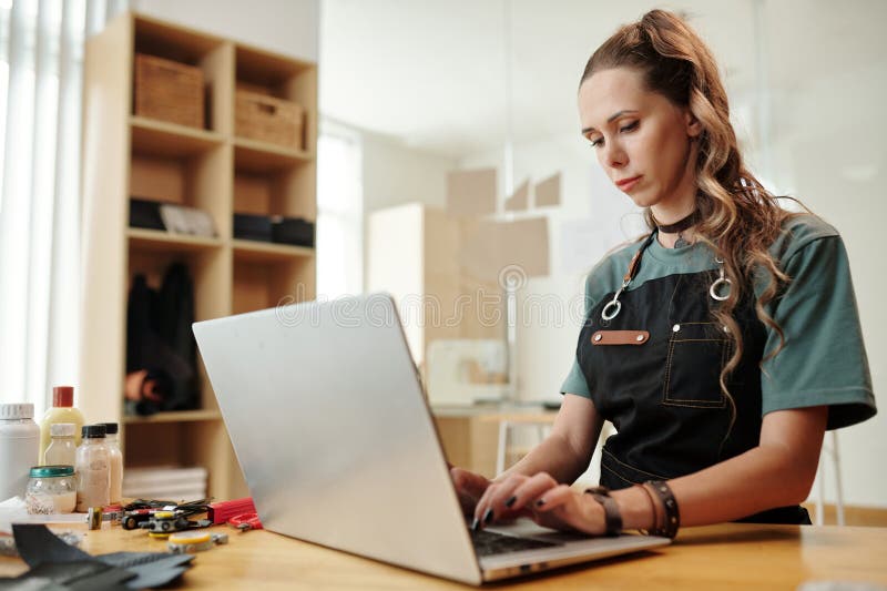 Workshop Owner Working on Laptop Stock Photo - Image of handmade ...