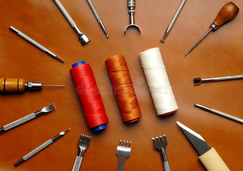 Leather Crafting DIY Tools Lies on Natural Brown Leather. Stock Image ...