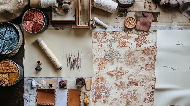A Leather Crafting Station with Patterns, Thread, and Needles Laid Out ...