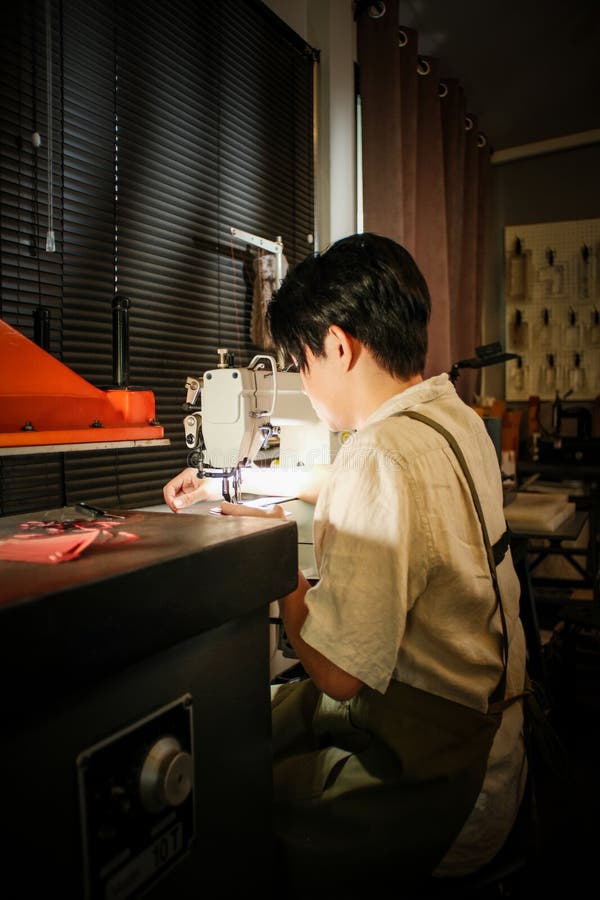 Leather Craftsman Working with Leather Sewing Machine Stock Image ...