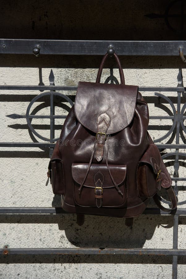 Leather Dark Brown Backpack. Backpack for Travelers and Students Stock ...