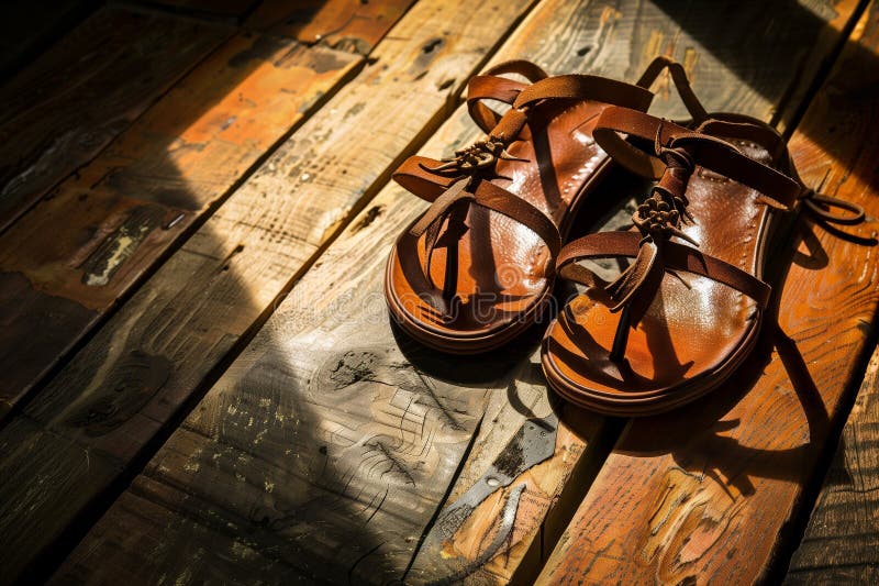 Leather Gladiator Sandals Showcased on a Rustic Wooden Table Stock ...