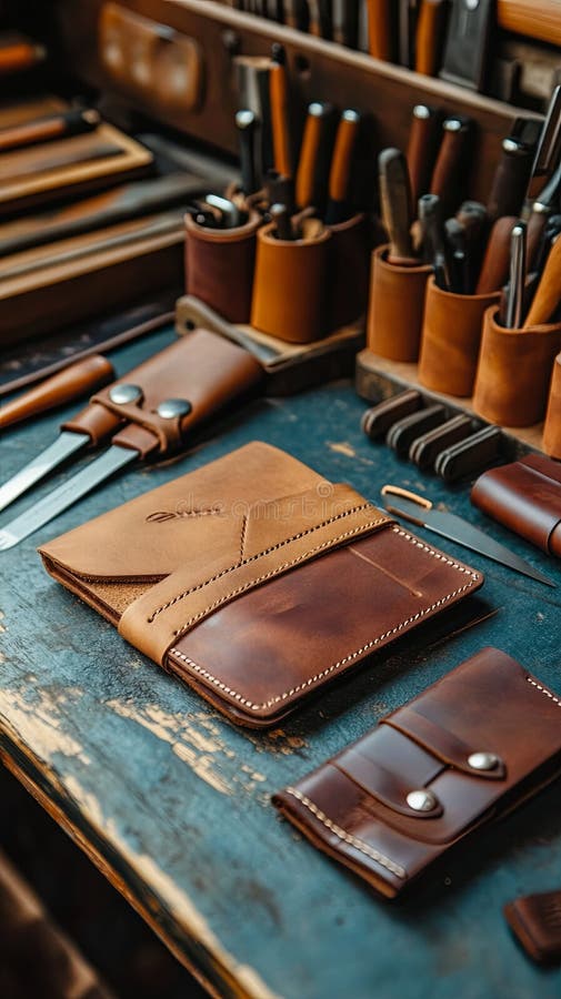 A Leather Goods Workshop with Handmade Wallets and Tools. Pic Stock ...