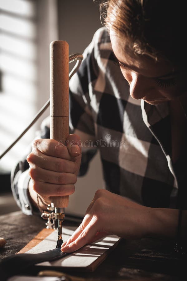 Leather Handbag Craftsman at Work in a Vintage Workshop. Small Business ...