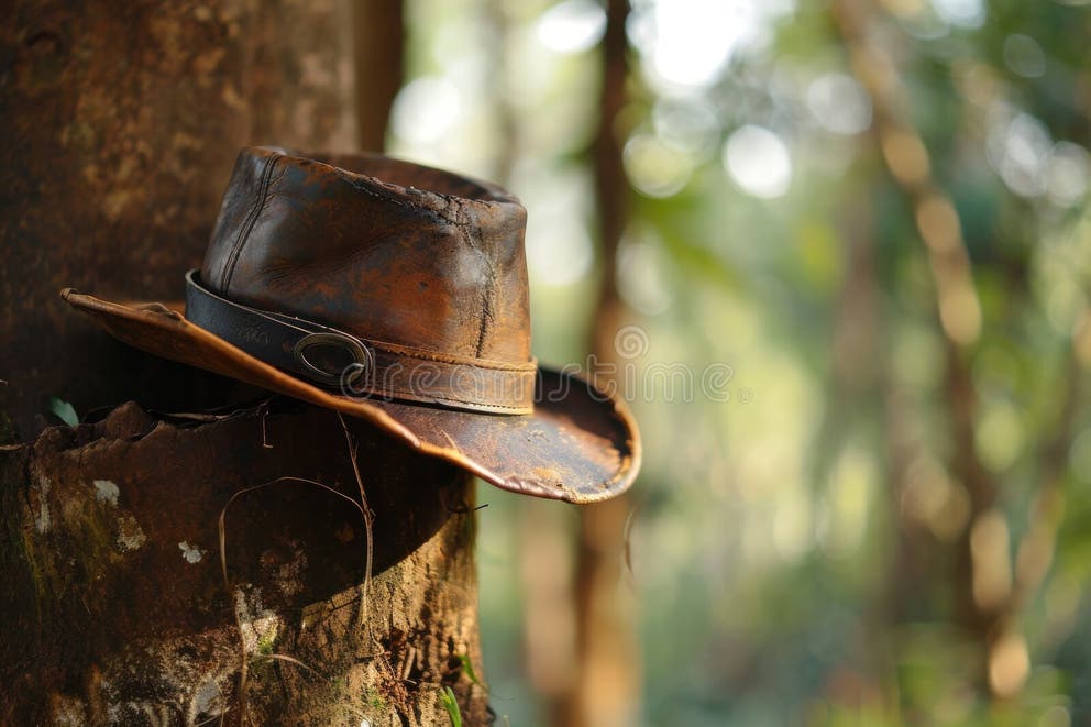 Leather Hat Resting on a Tree Stump in the Forest Stock Illustration ...