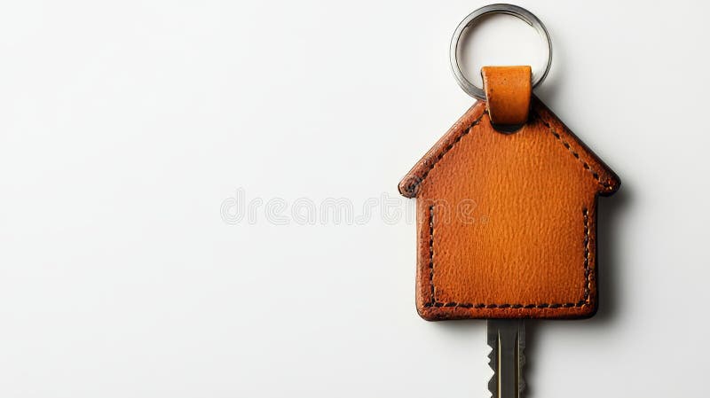 Leather House-Shaped Keyring on White Background with Copy Space, Real ...