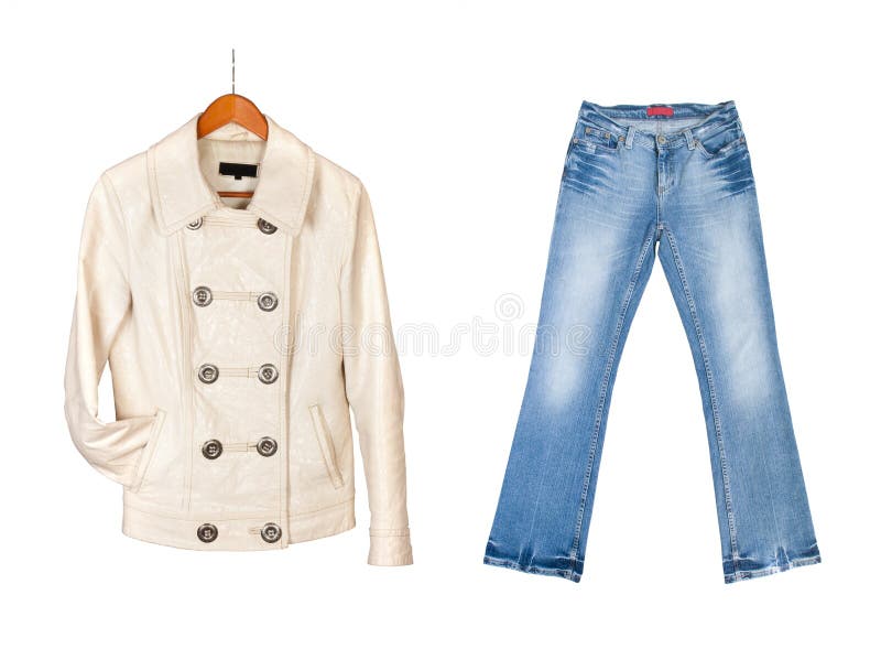 Leather Jacket and Blue Jeans Stock Image - Image of fitting, blue ...