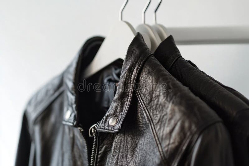 A Leather Jacket Hangs from a Clothes Rack, Ready To Be Worn Stock ...