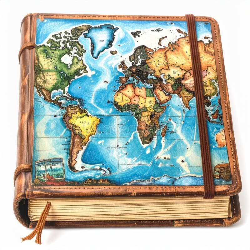 Leather Journal with World Map Design Stock Illustration - Illustration ...