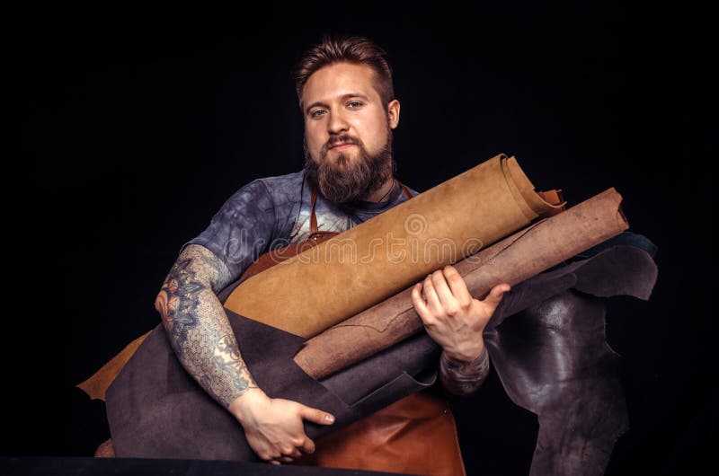 Man Working with Leather Creates Quality Product of Leather at the Shop ...