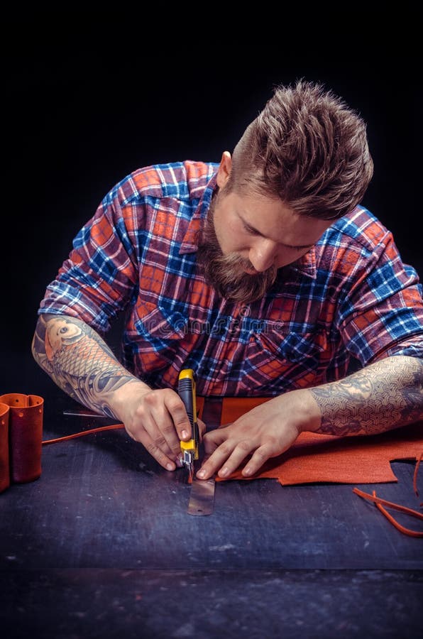 Artist Working with Leather Creating Leatherwork Stock Image - Image of ...