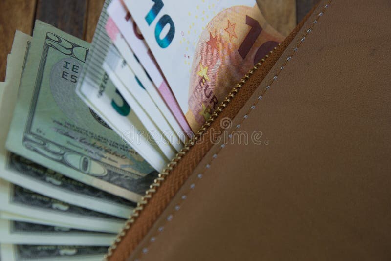 Leather Mens Open Wallet with Euro and Dollar Banknotes Bills Stock ...