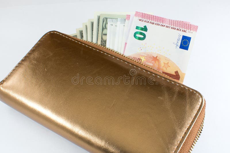 Leather Mens Open Wallet with Euro and Dollar Banknotes Bills Stock ...