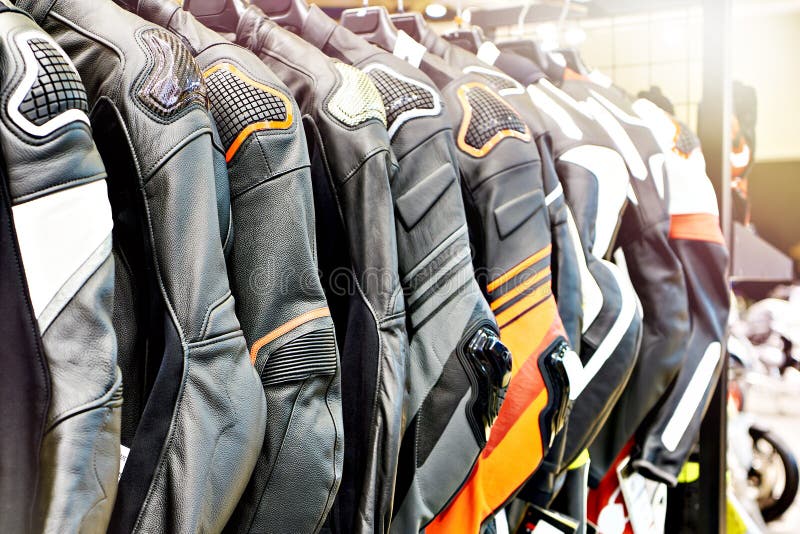Leather Motorcycle Jackets in Shop Stock Photo - Image of black ...