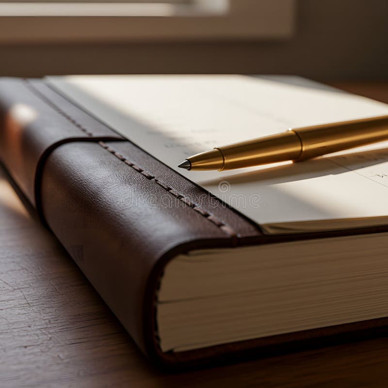 Leather Notebook with Gold Pen Resting on Open Pages – Writing and ...