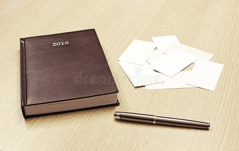 Leather Office Notebook, Business Cards and Pen Stock Image - Image of ...