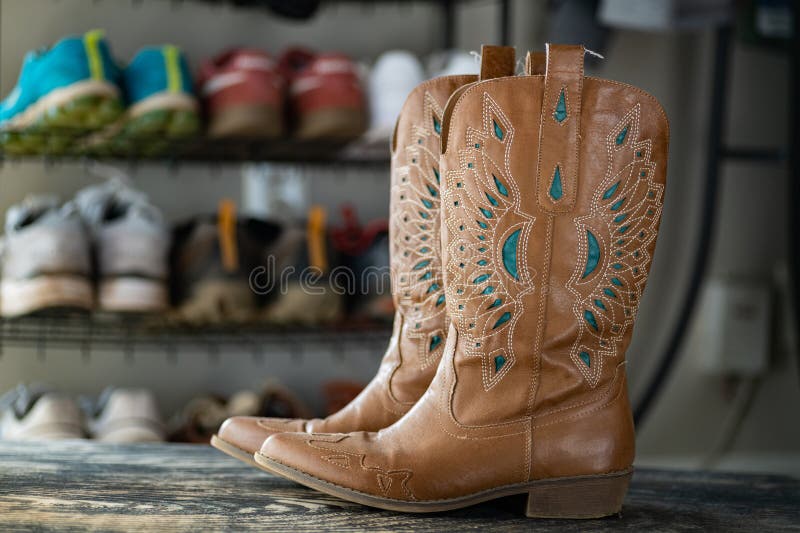 Leather Patterned Cowboy Boots Standing on the Floor Against a Shoe ...