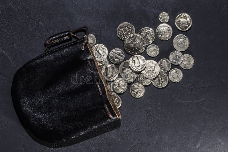 Leather Pouch Full of Ancient Silver Coins Stock Photo - Image of rare ...