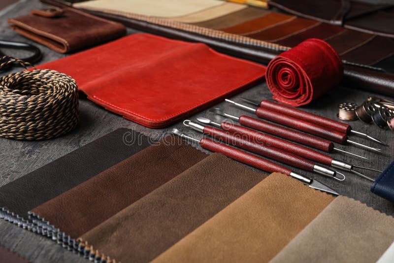 Leather Samples and Craftsman Tools on Grey Stone Background Stock ...