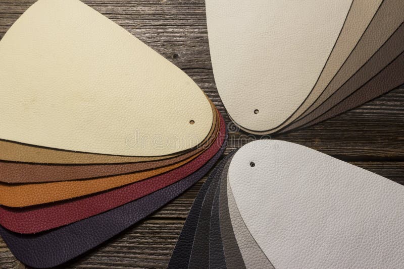Leather samples on table stock image. Image of inscriptions - 267889111