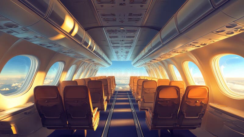 Leather Seats Inside a Private Jet Flying Above the Clouds during a ...