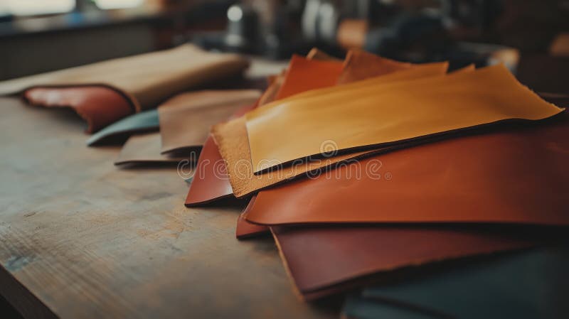 Leather Sheets Assortment on Wooden Table, Various Colors and Textures ...