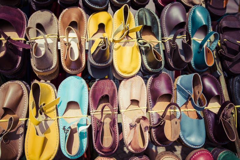 Leather Shoes in Different Colors at a Flea Market Stock Photo - Image ...